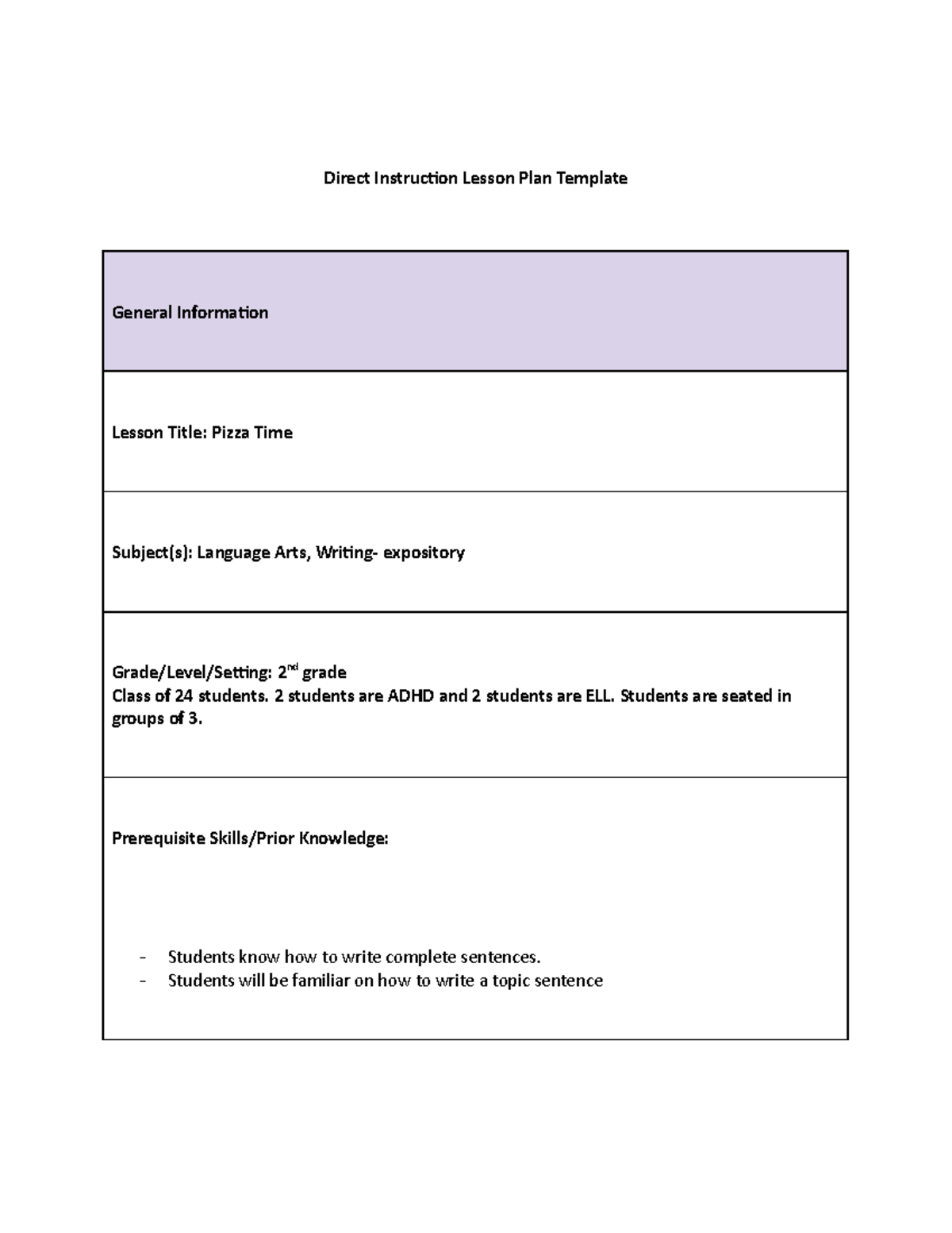 ELA lesson plan C365 - passed on first try - Direct Instruction Lesson Plan Template General ...