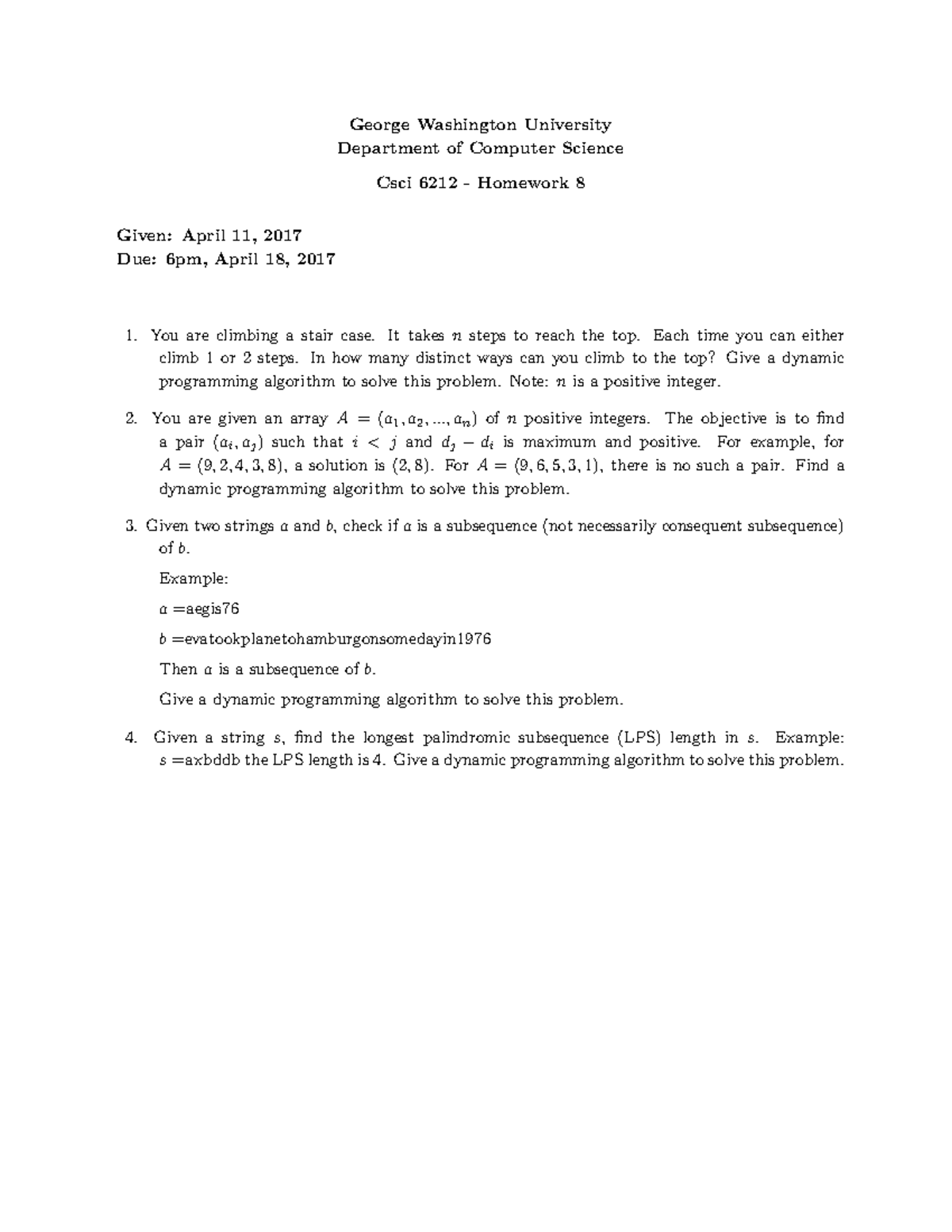 Csci 6212 - Homework 8 - George Washington University Department of ...