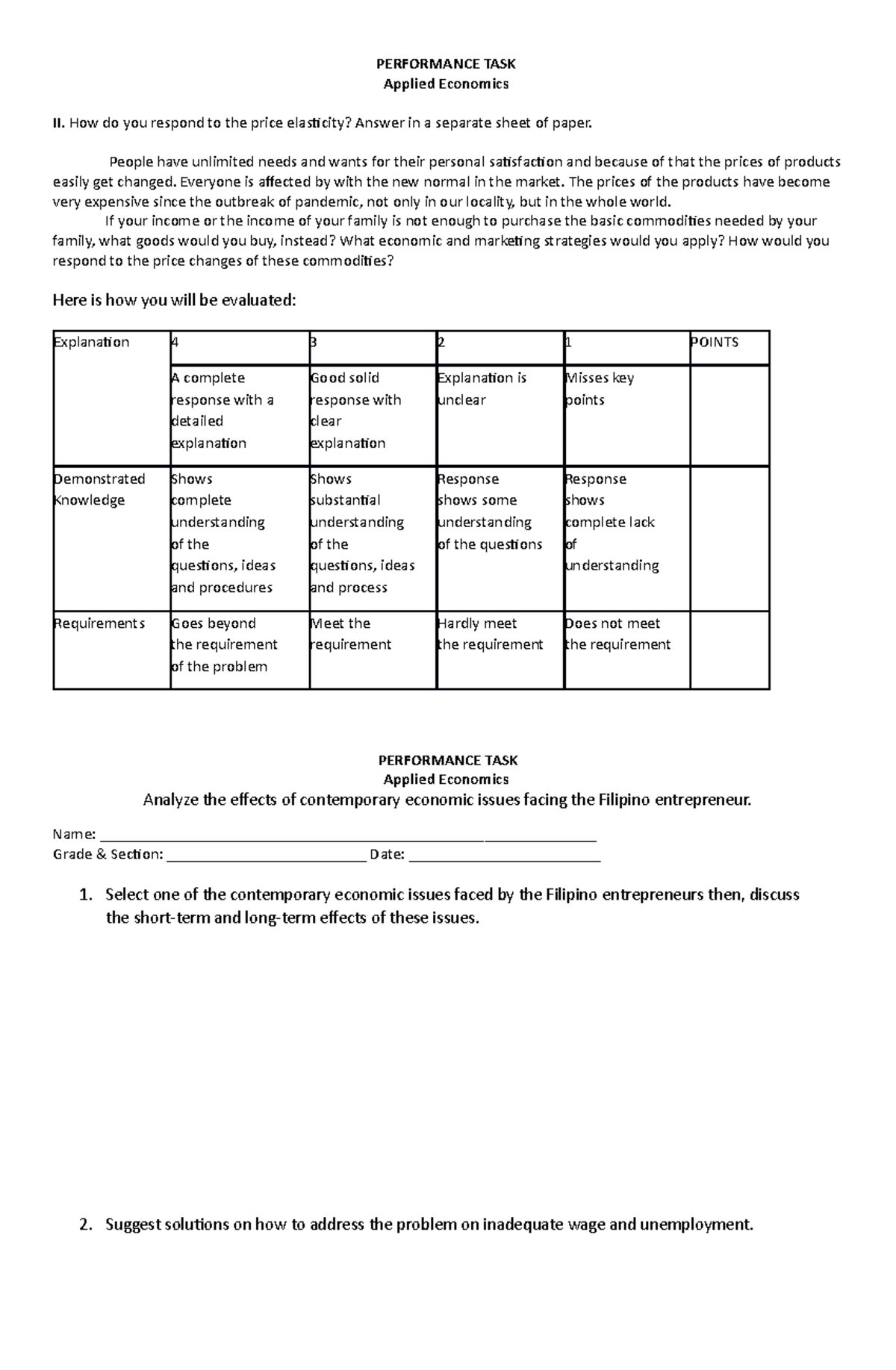 2 Performance TASK Applied Ecomomics - PERFORMANCE TASK Applied ...