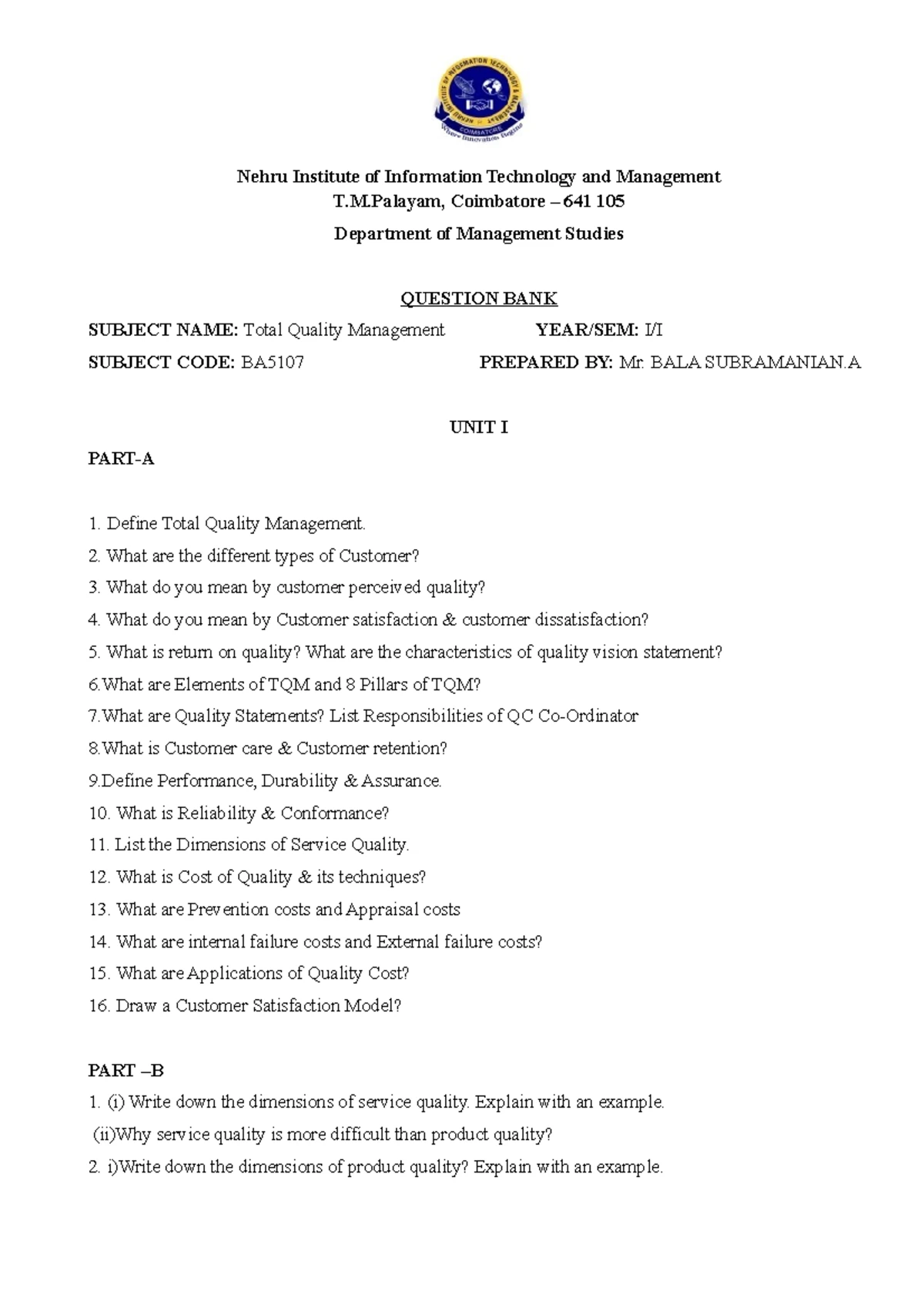 TQM- Novdec 2021 - Question paper - Reg. No. : B.E./B. DEGREE ...