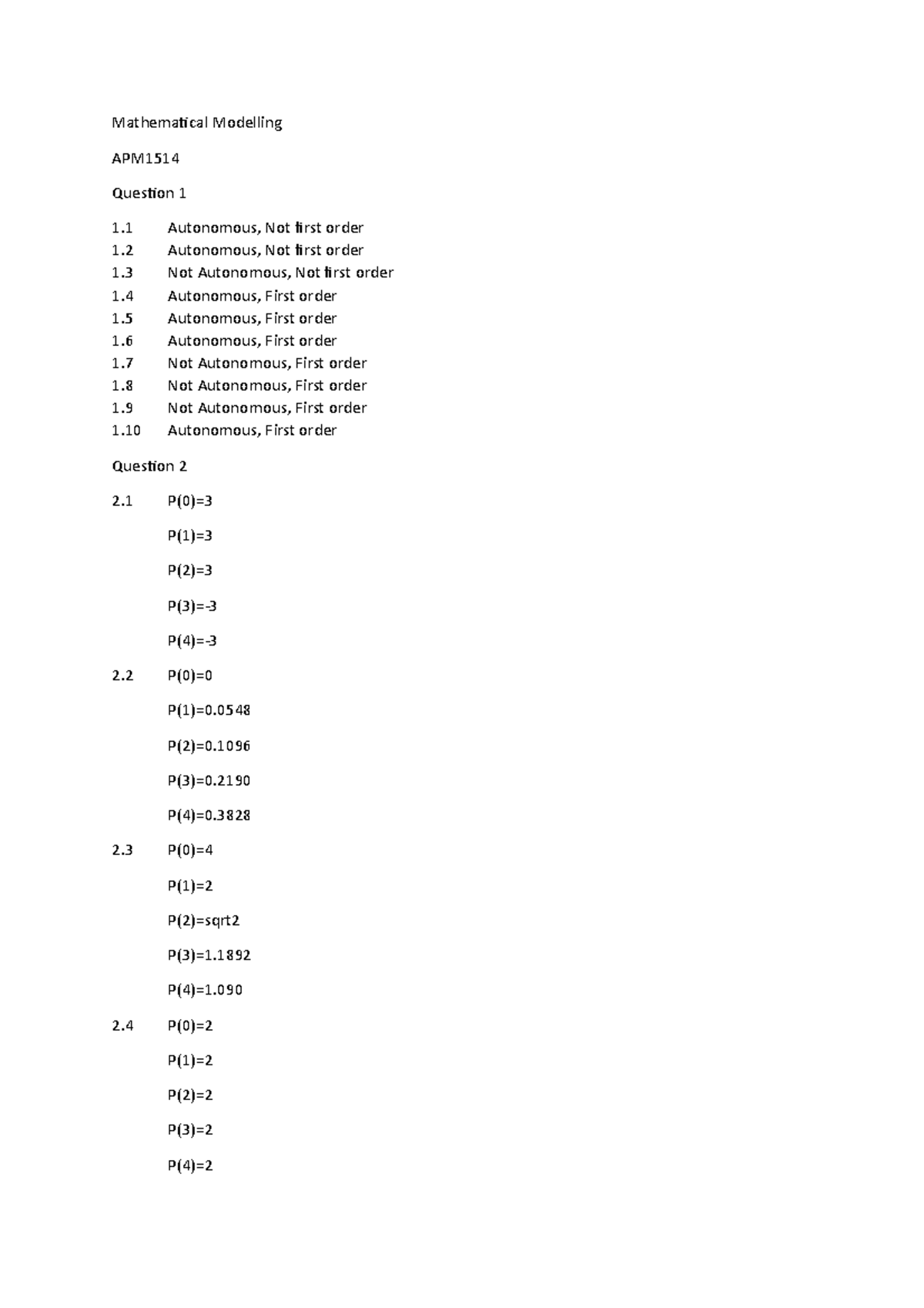 APM1514 ASS1 - Ass 01 - Mathematical Modelling APM Question 1 1 ...