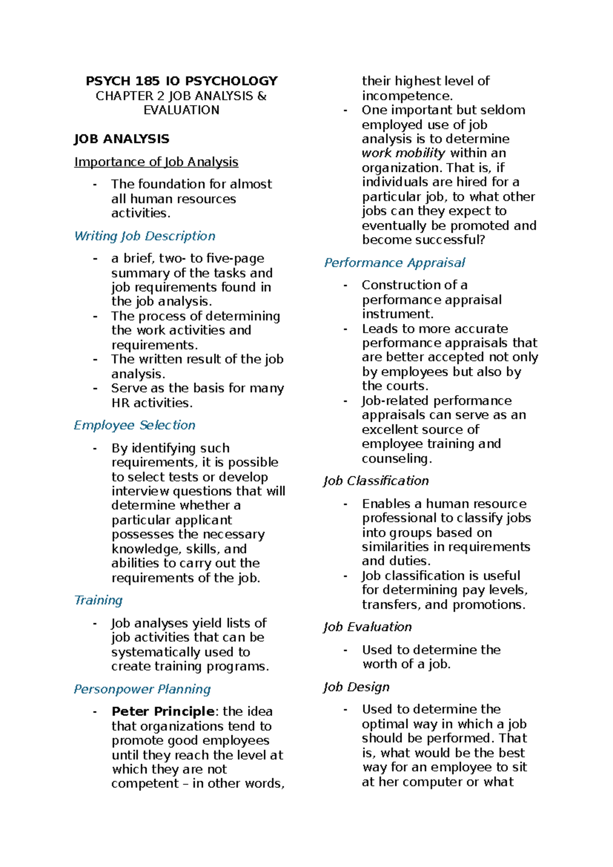 Psych 185 IO Psychology Chapter 2-4 - PSYCH 185 IO PSYCHOLOGY CHAPTER 2 JOB ANALYSIS & - Studocu
