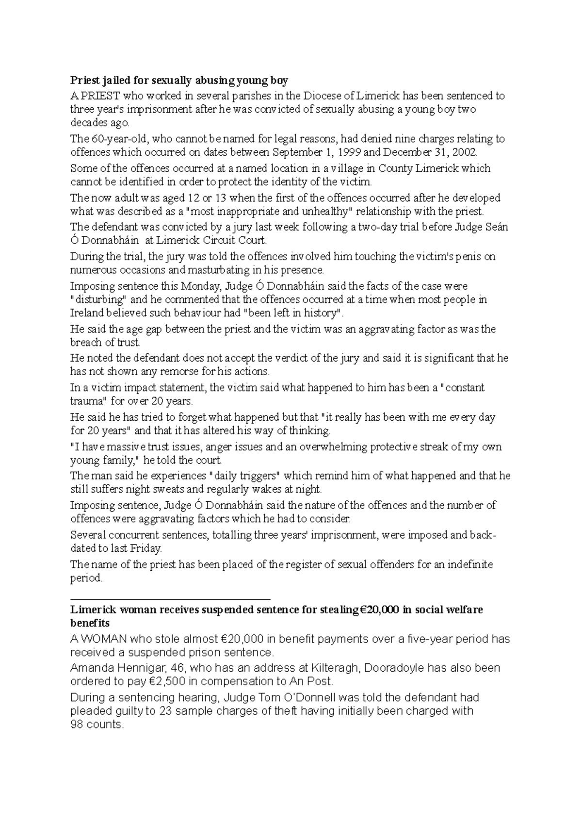 Sample Court Stories for court assessment - Interviewing & Reporting ...