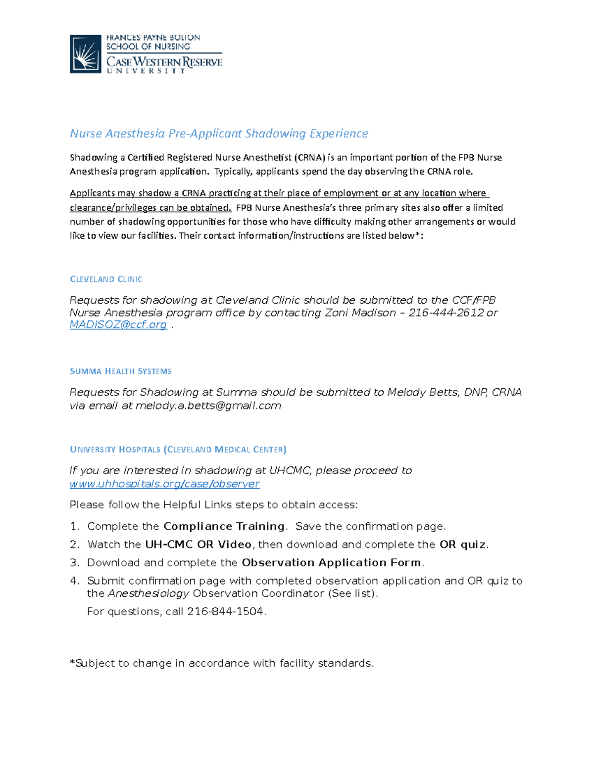 Shadowing 2019 - notes - Nurse Anesthesia Pre-Applicant Shadowing ...