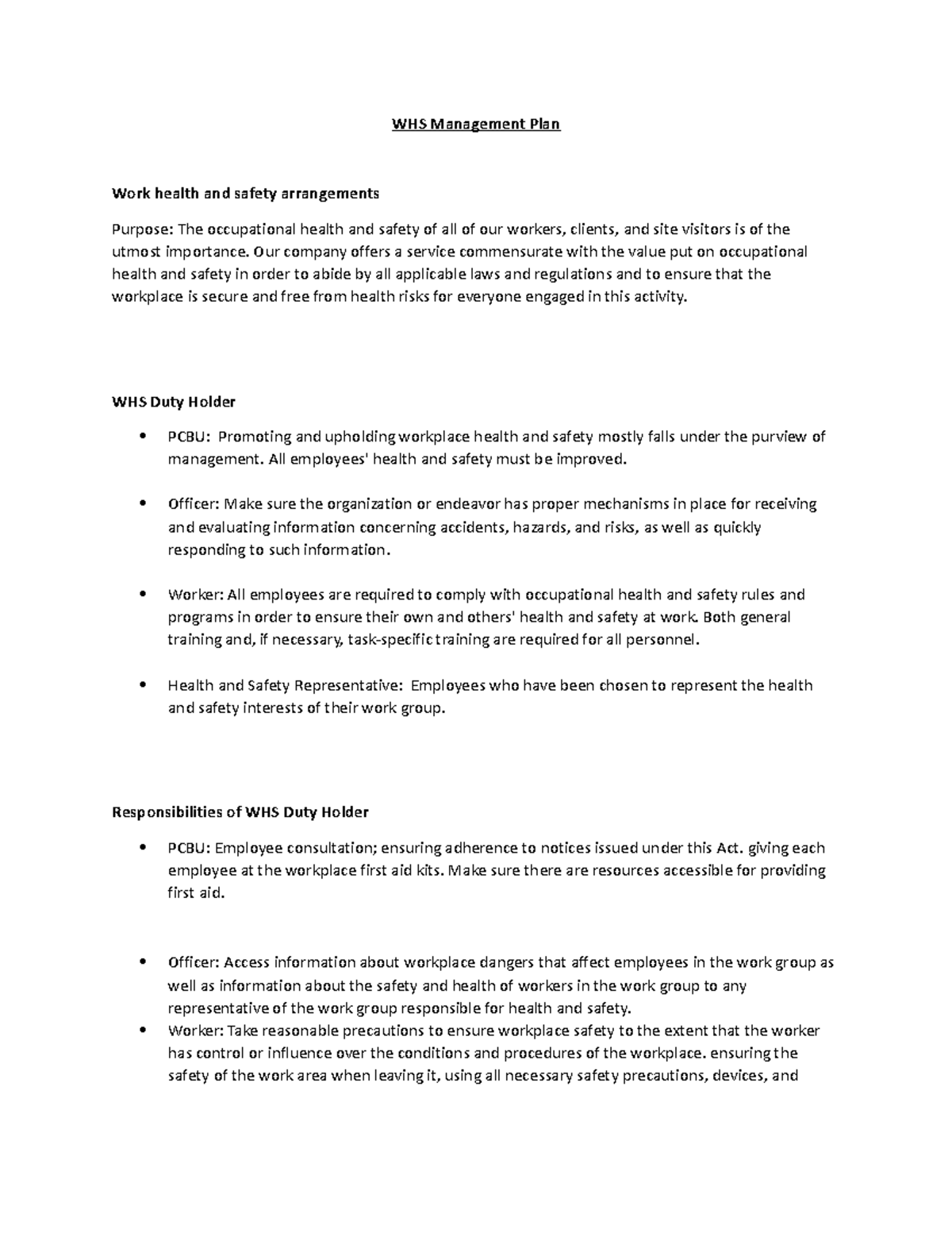 WHS Management Plan - WHS Management Plan Work health and safety ...