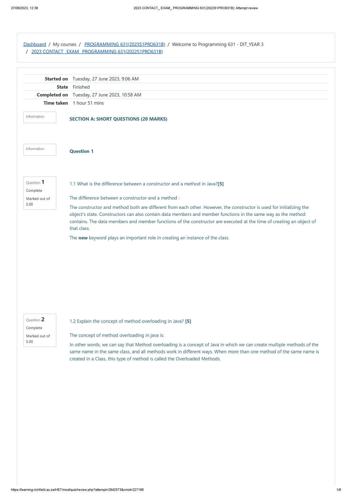 2023 Contact EXAM Programming 631(2022S1PRO631B) Attempt review ...