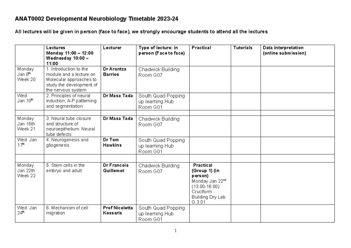 ANAT0002 Timetable 2023-24 Final 2 - ANAT0002 Developmental ...