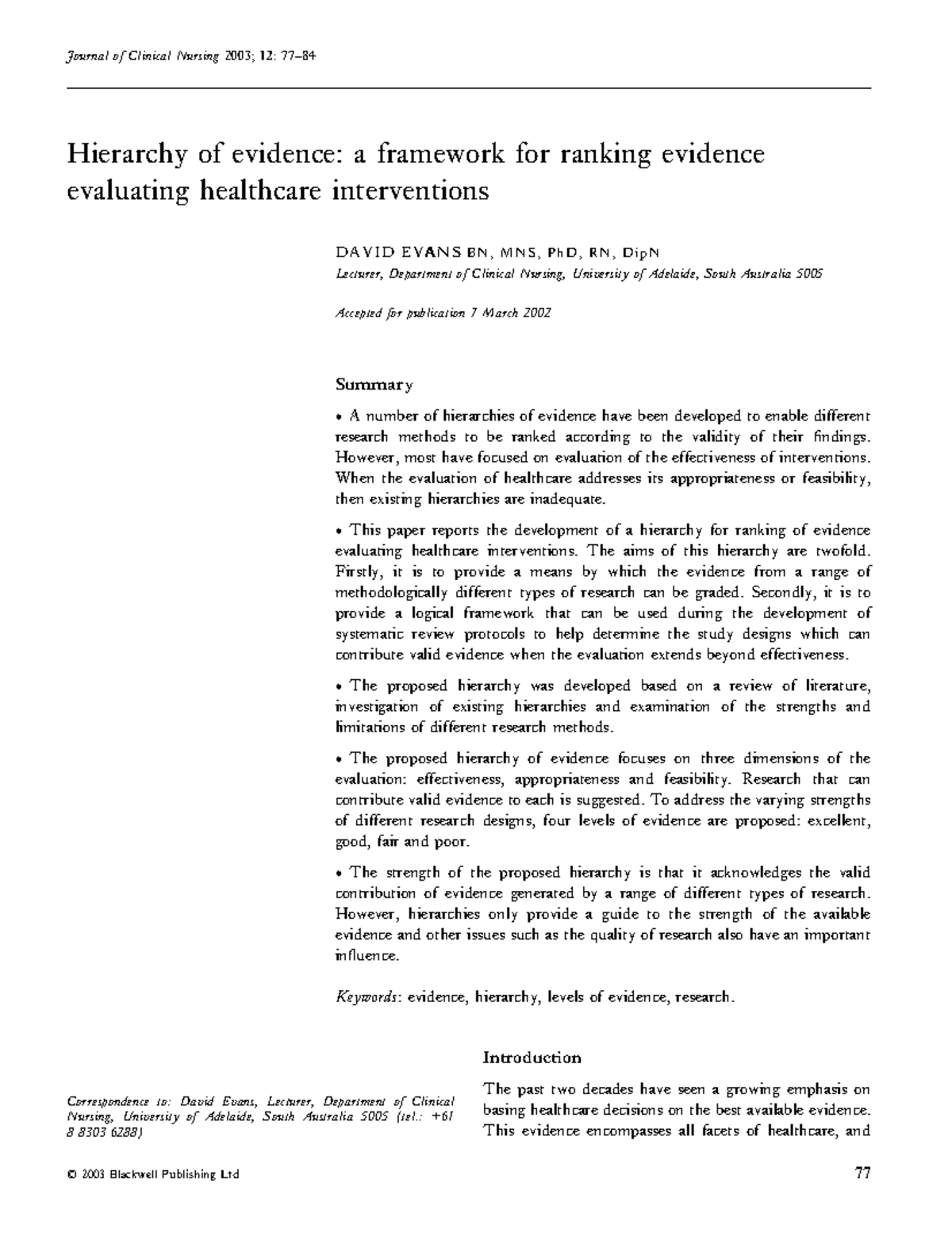 Journal of Clinical Nursing - 2002 - Evans - Hierarchy of evidence a ...