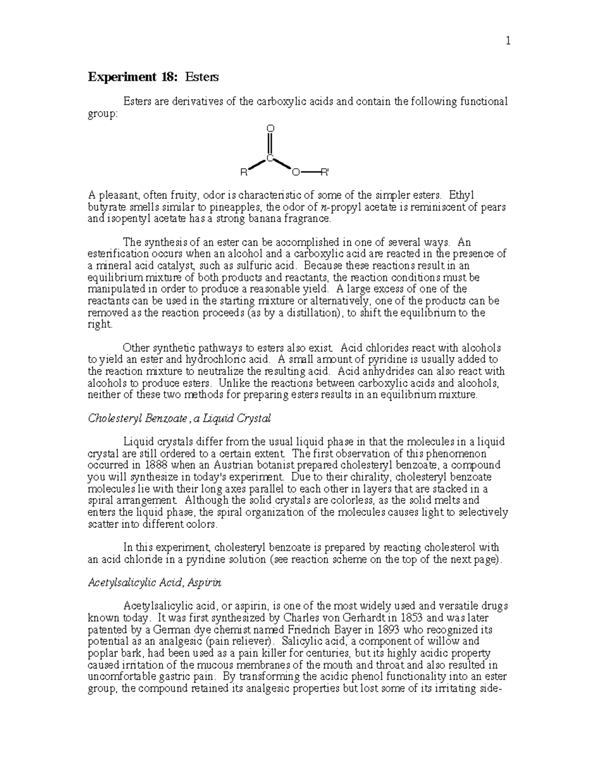 Esters - lab report - Experiment 18: Esters Esters are derivatives of the carboxylic acids and ...