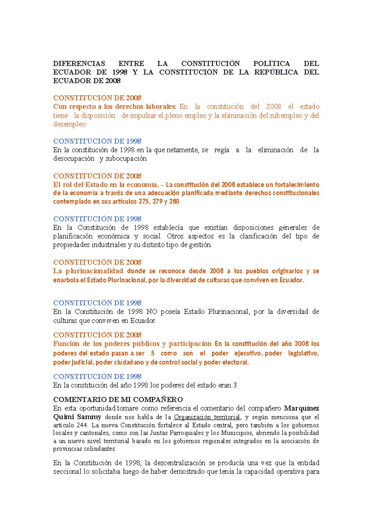 FORO Diferencias de la constitución de 1998 vs 2008 - DIFERENCIAS ENTRE ...