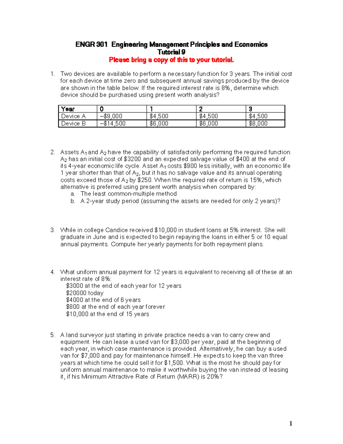 Tut9 - Tutorial 9 to be solved work for ENGR301 - 1 ENGR 301 Engineering Management Principles ...