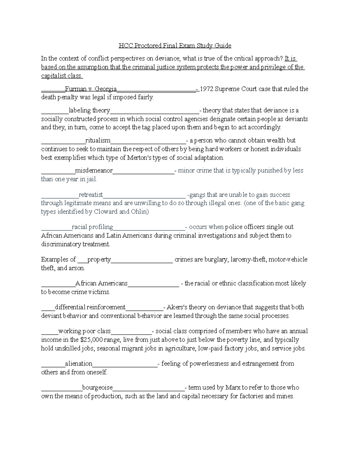 HCC Proctored Final Exam Study Guide - Furman v. Georgia ...