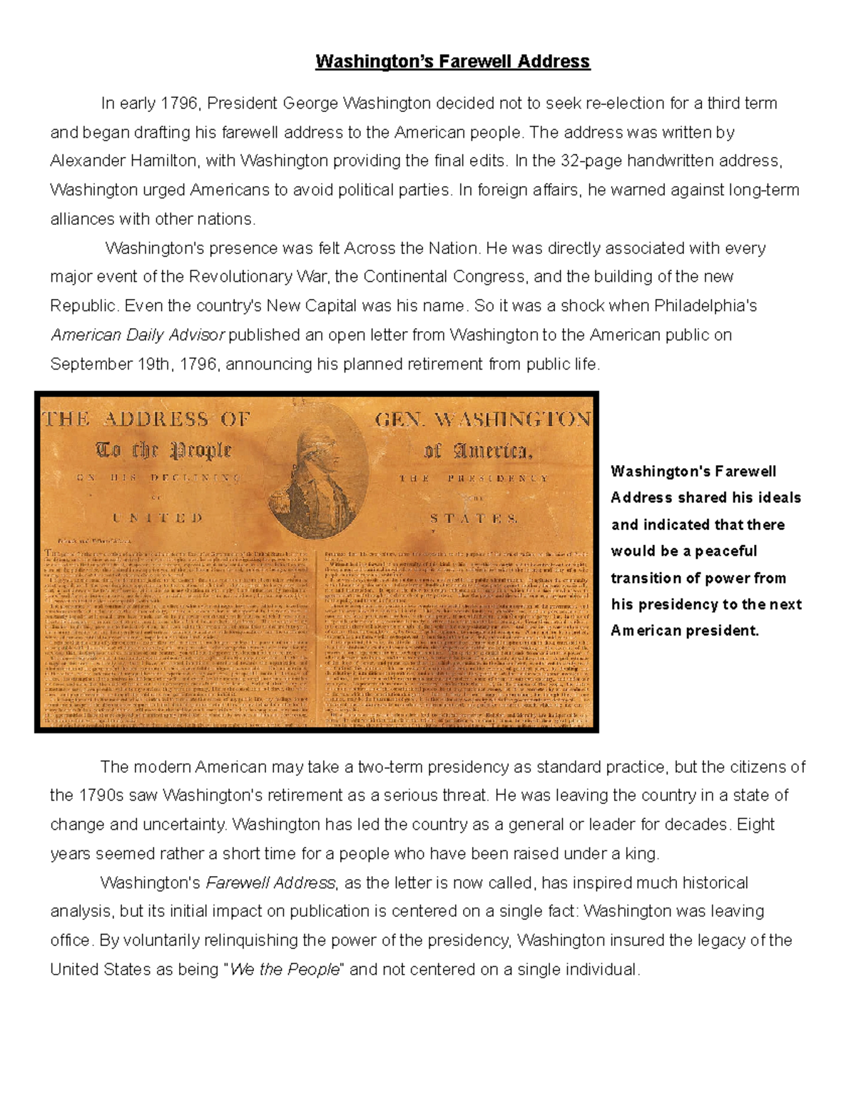 Washington’s Farewell Address Reading - Washington’s Farewell Address ...