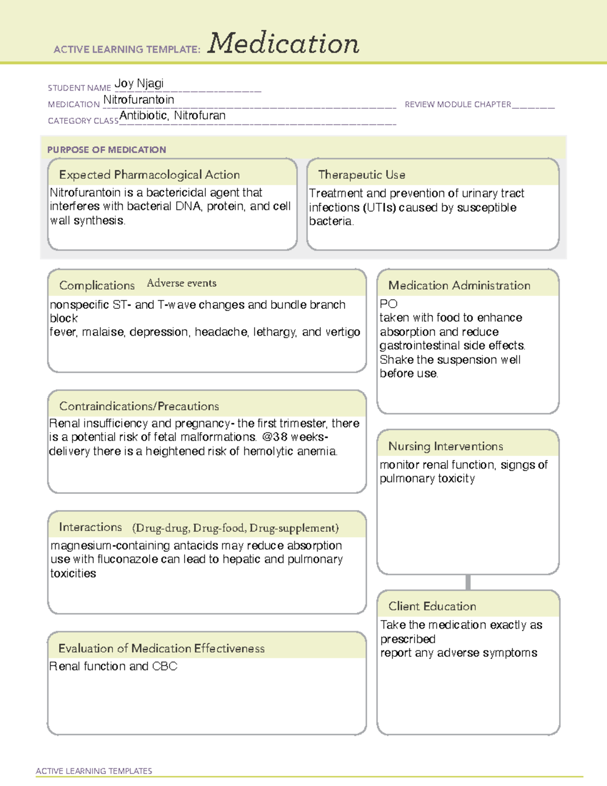 Nitrofurantoin - ACTIVE LEARNING TEMPLATES STUDENT NAMEMEDICATION - Studocu