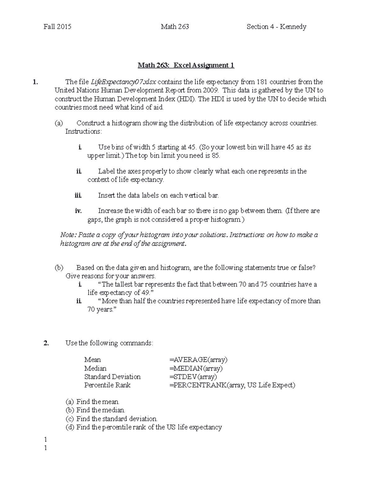Assign 1 - Fall 2015 Math 263 Section 4 Kennedy Math 263: Excel ...