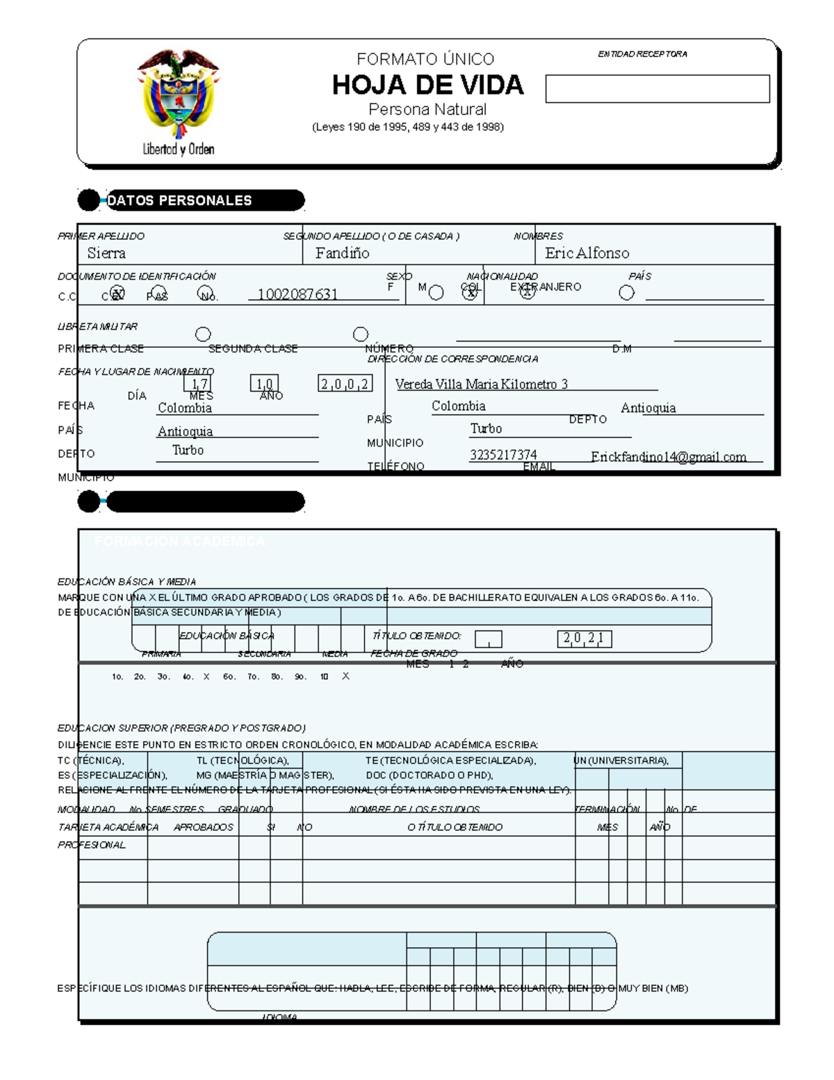 Hoja de Vida Eric Alfonso - FORMATO ÚNICO HOJA DE VIDA Persona Natural ...