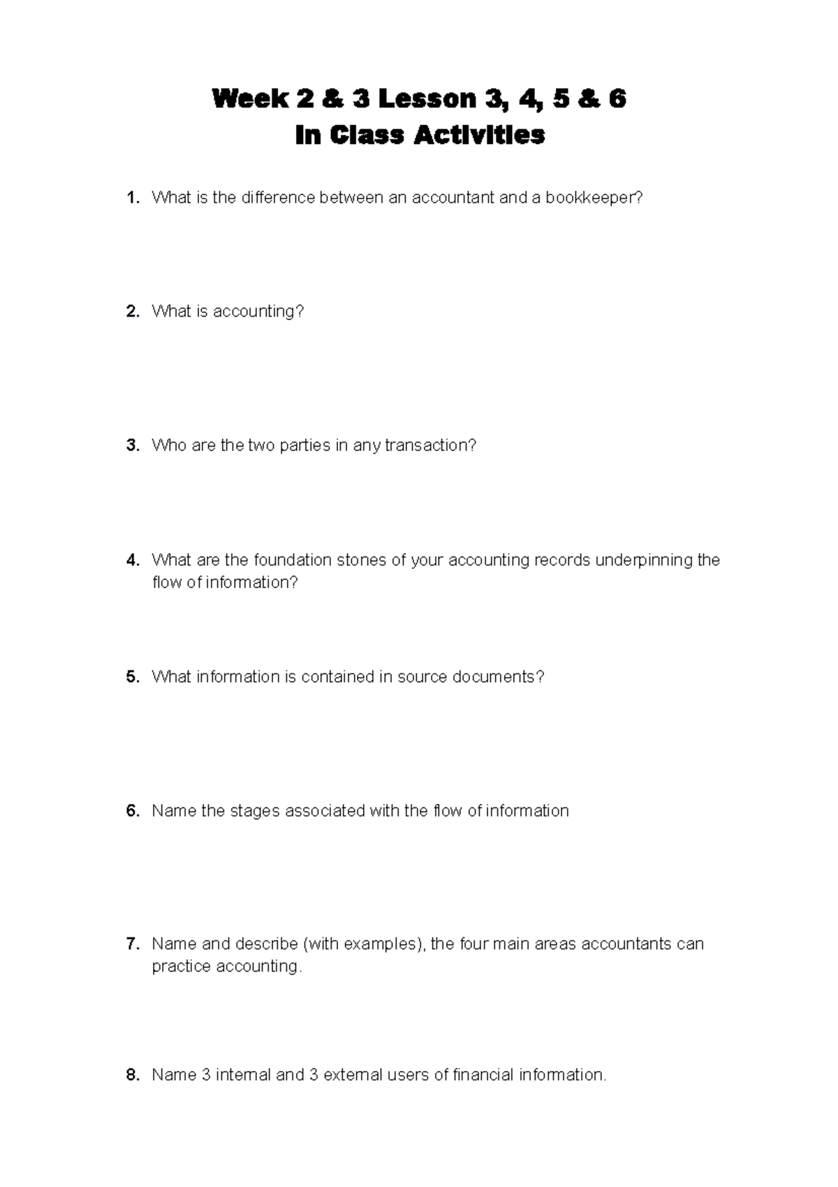 Introduction to Accounting - In class Activities - Week 2 3 Lesson 3, 4 ...