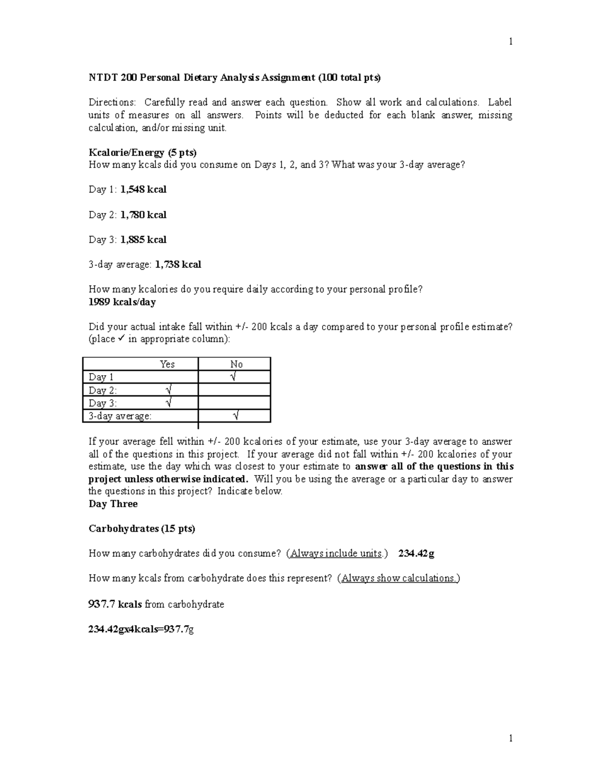 Personal Dietary Analysis Assignment - Show all work and calculations ...