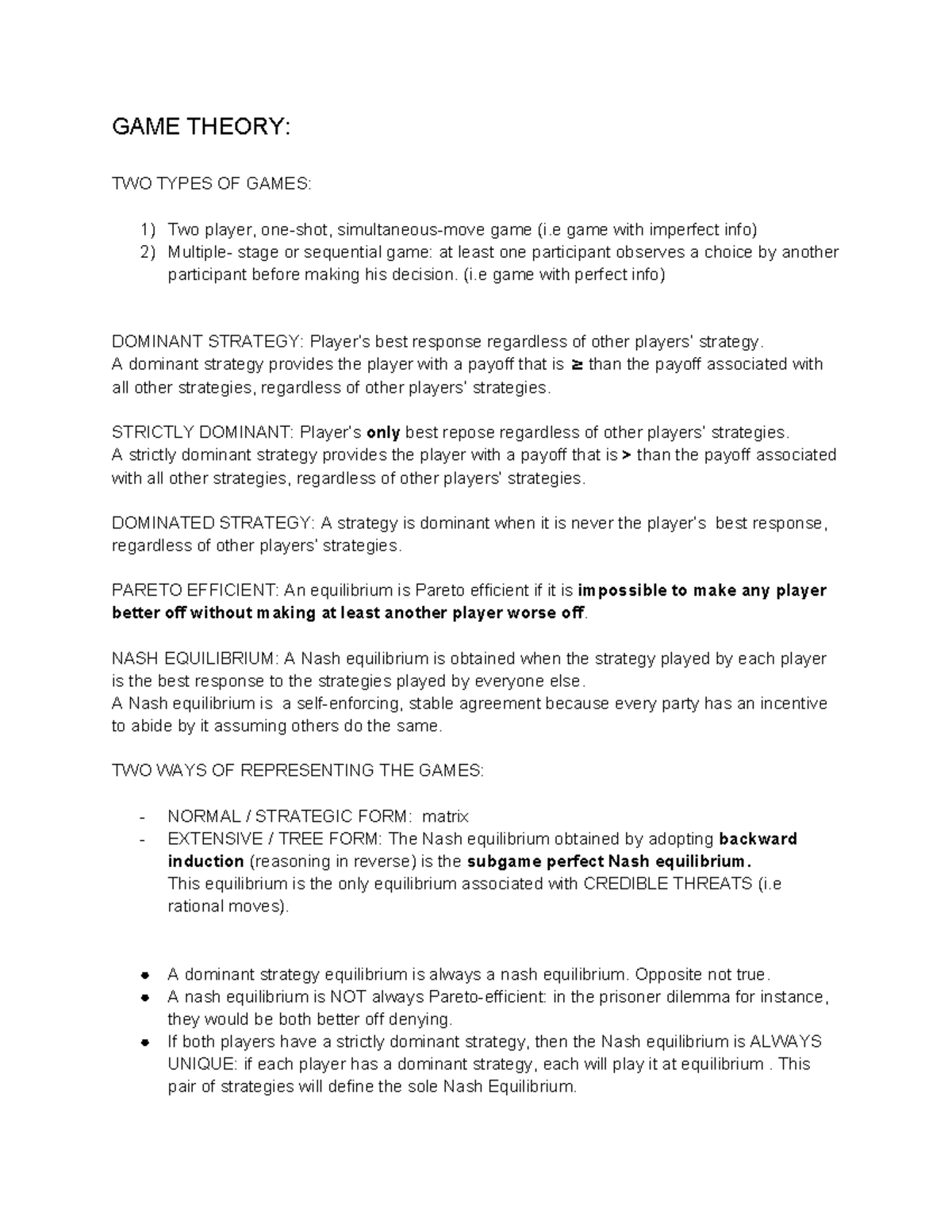 GAME Theory - notes - GAME THEORY: TWO TYPES OF GAMES: Two player, one ...