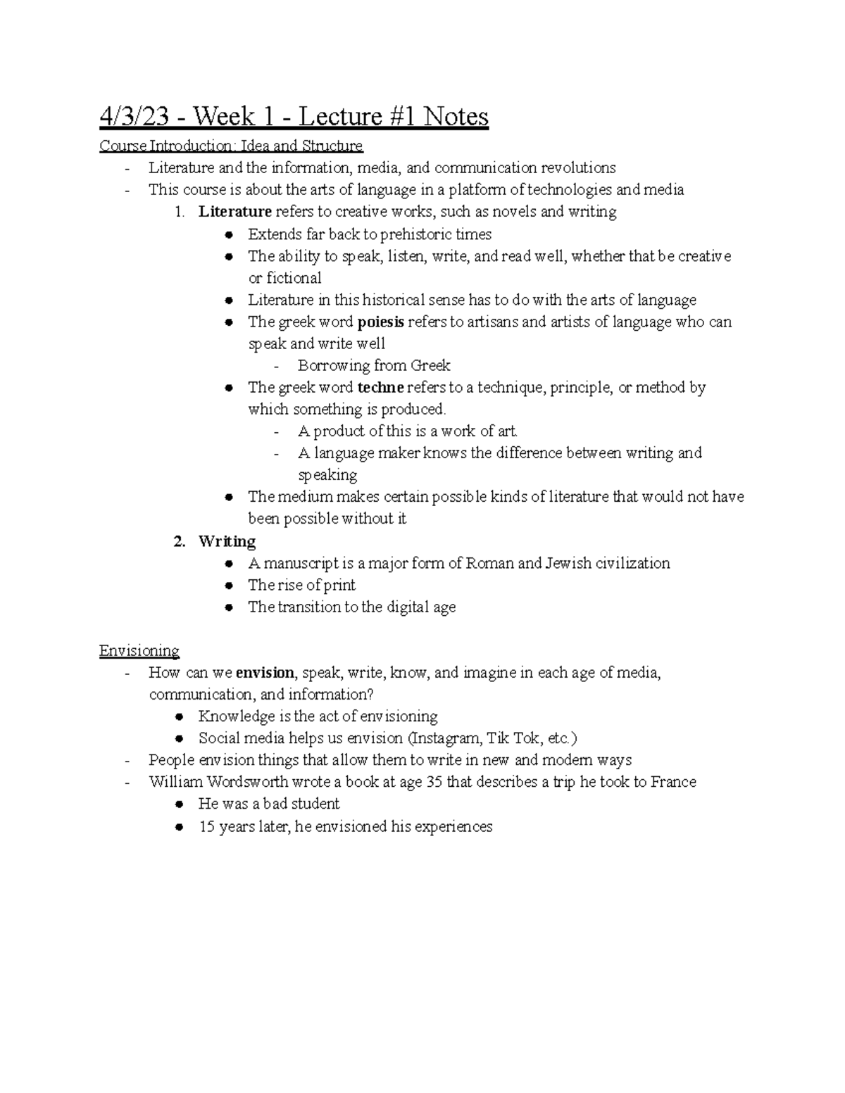 English 25 Lecture 1 Notes - 4/3/23 - Week 1 - Lecture #1 Notes Course ...