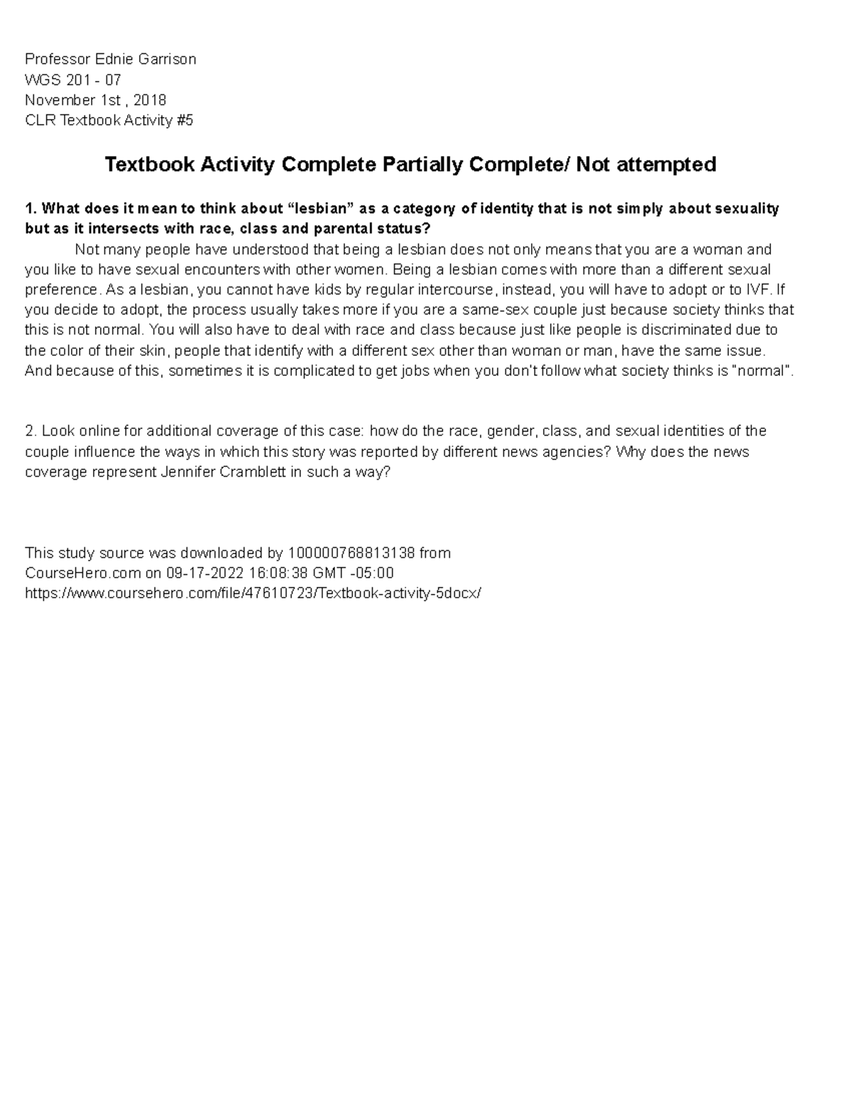 CLR #5 - Lesbian - Professor Ednie Garrison WGS 201 - 07 November 1st ...