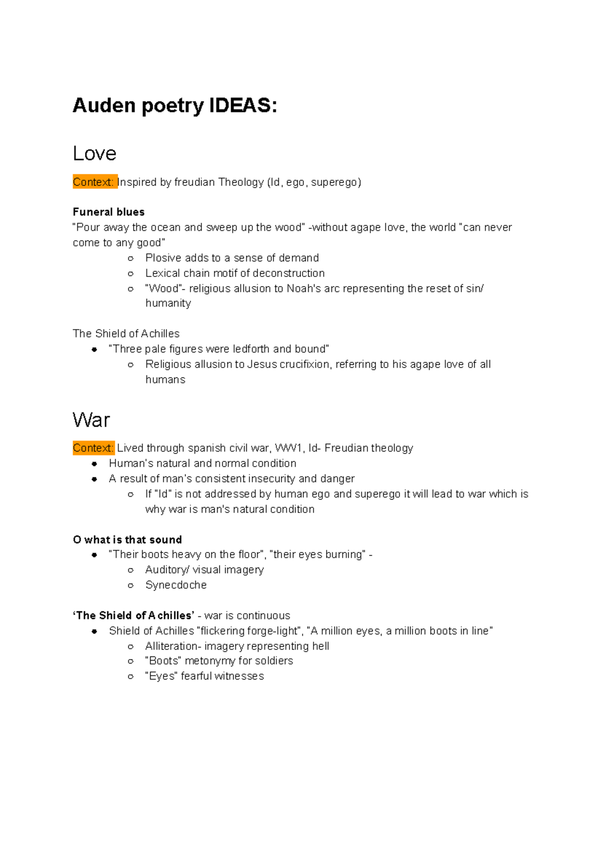 Auden notes for english - Auden poetry IDEAS: Love Context: Inspired by ...