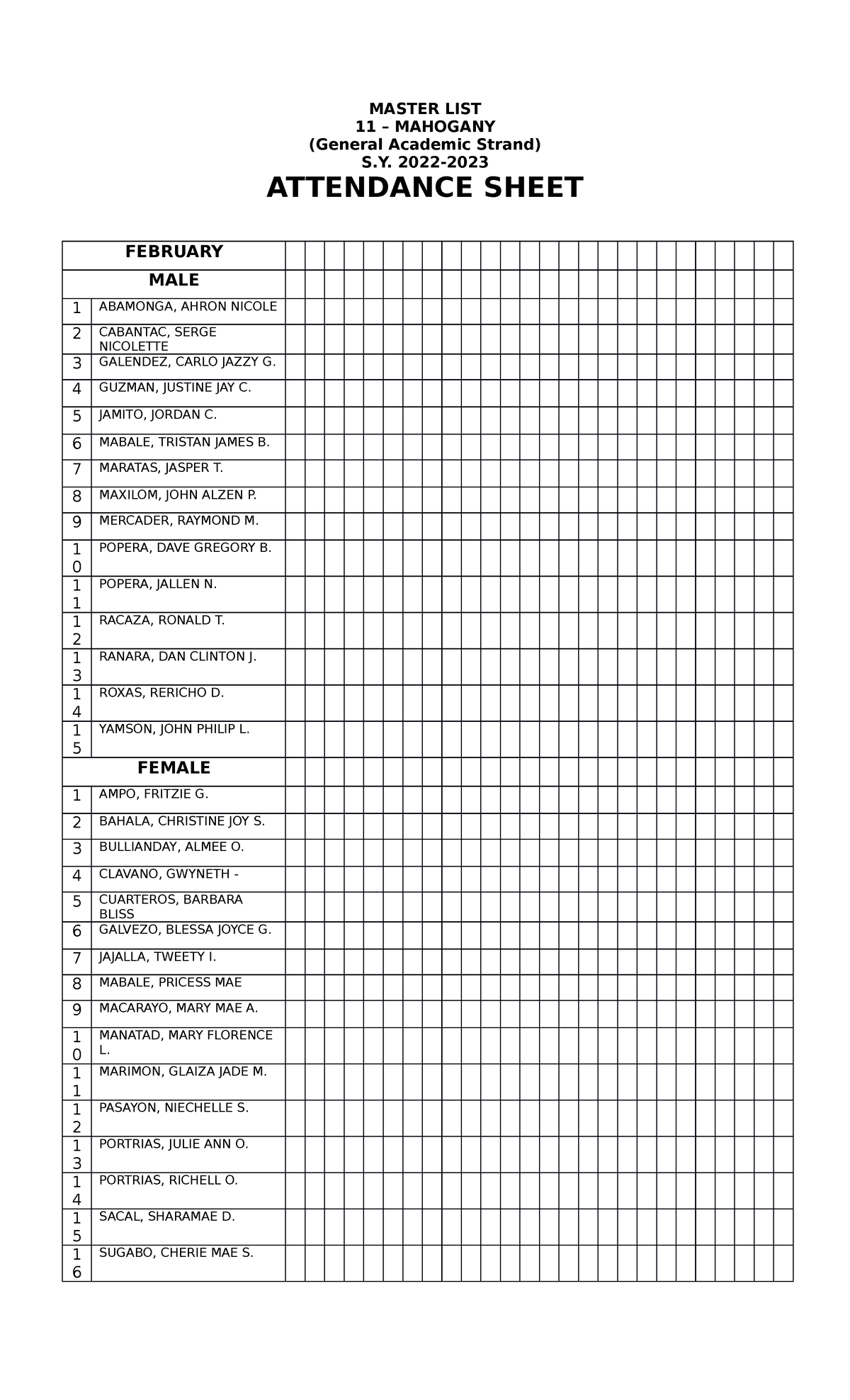 Attendance sheet - MASTER LIST 11 – MAHOGANY (General Academic Strand ...