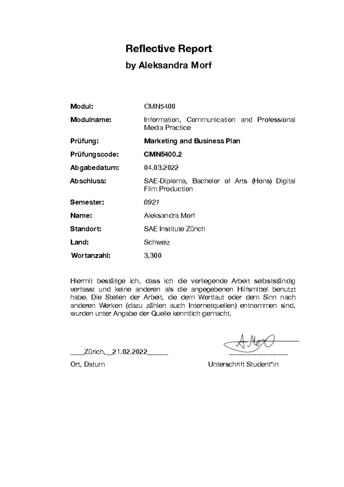 Reflective Report DFBP0919 Morf Aleksandra CMN5400 - Reflective Report ...