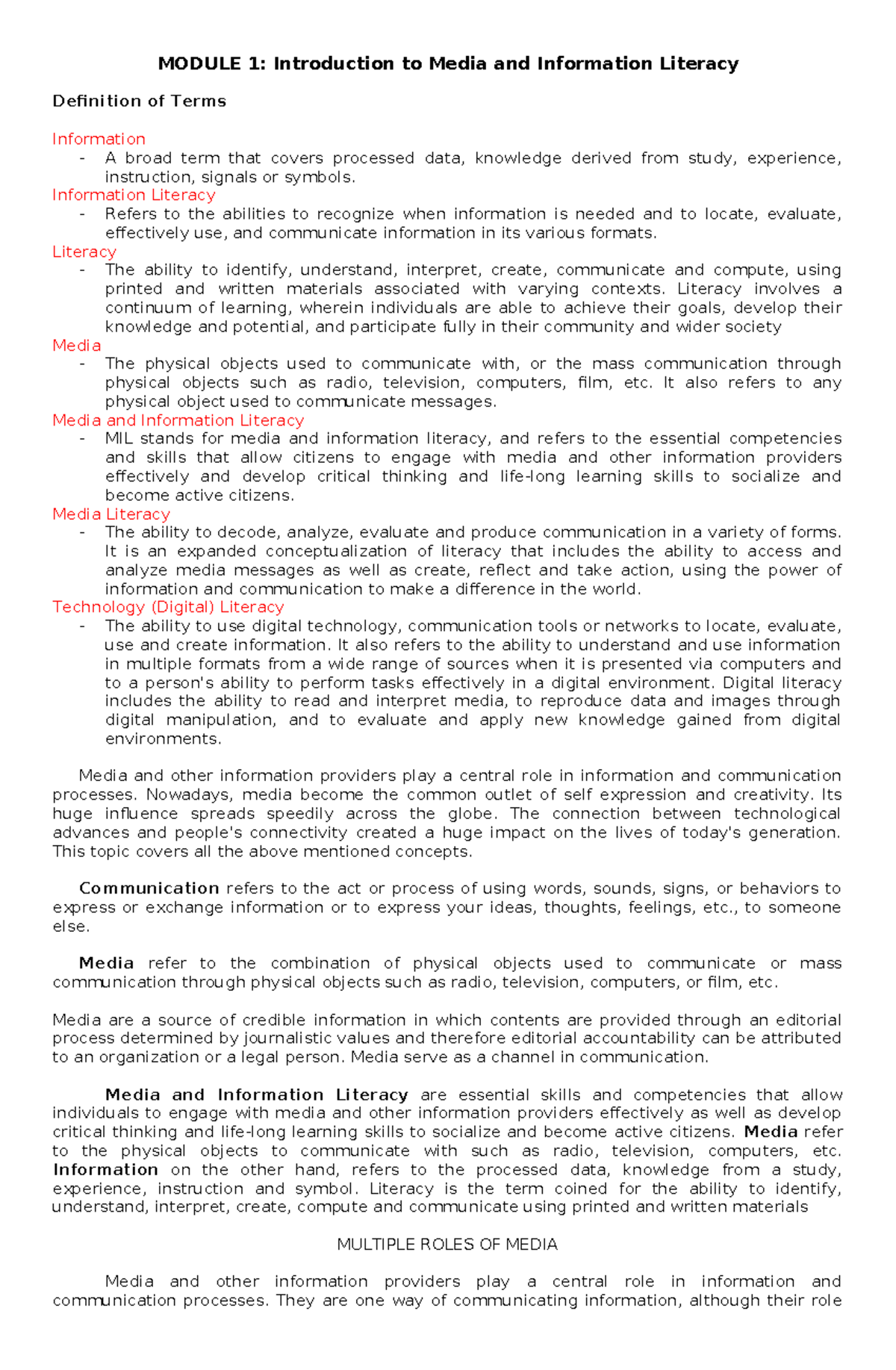 MIL Reviewer Module 1,2 & 3 - MODULE 1: Introduction to Media and Information Literacy ...