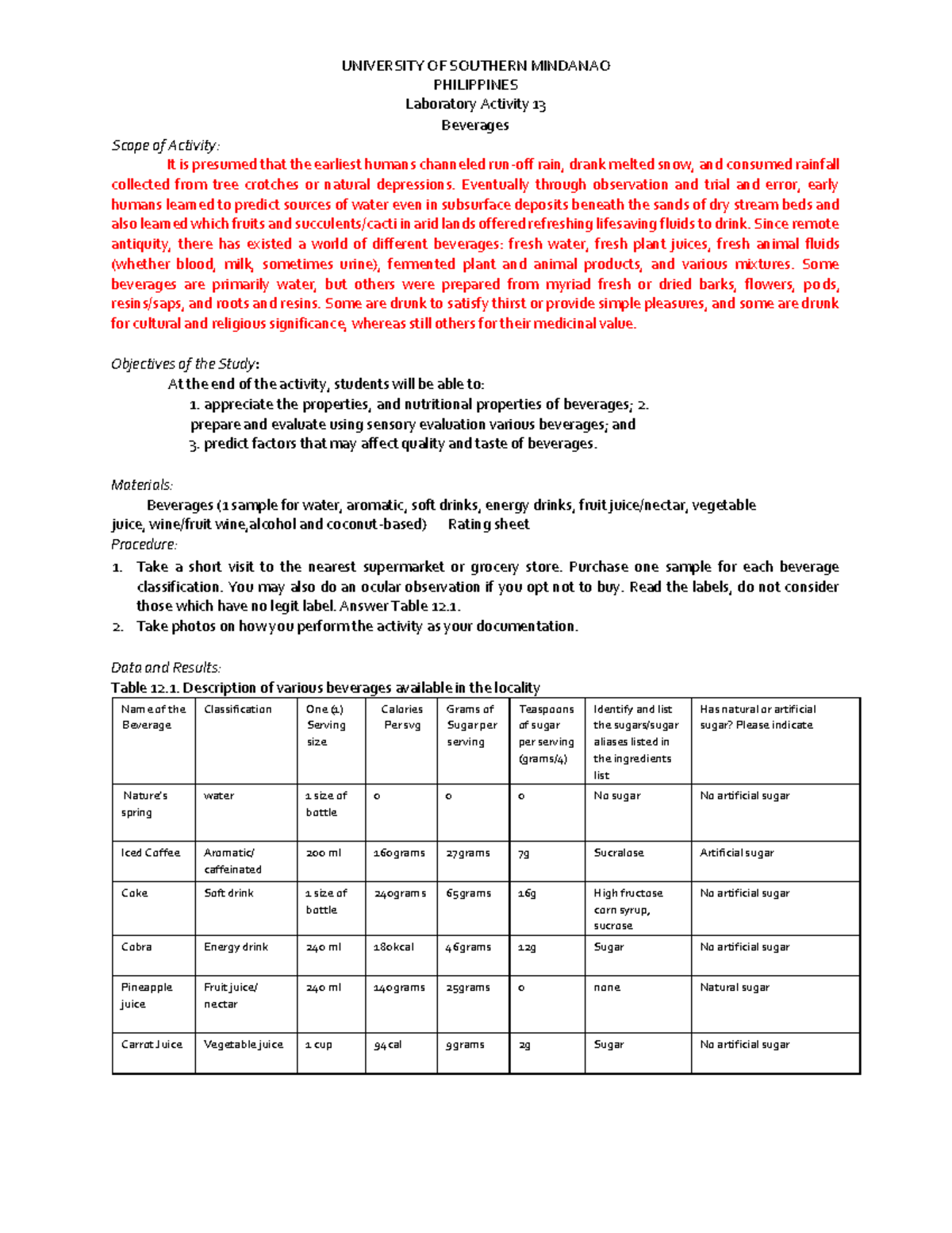 BF LAB 13 - Beverages laboratory - UNIVERSITY OF SOUTHERN MINDANAO ...