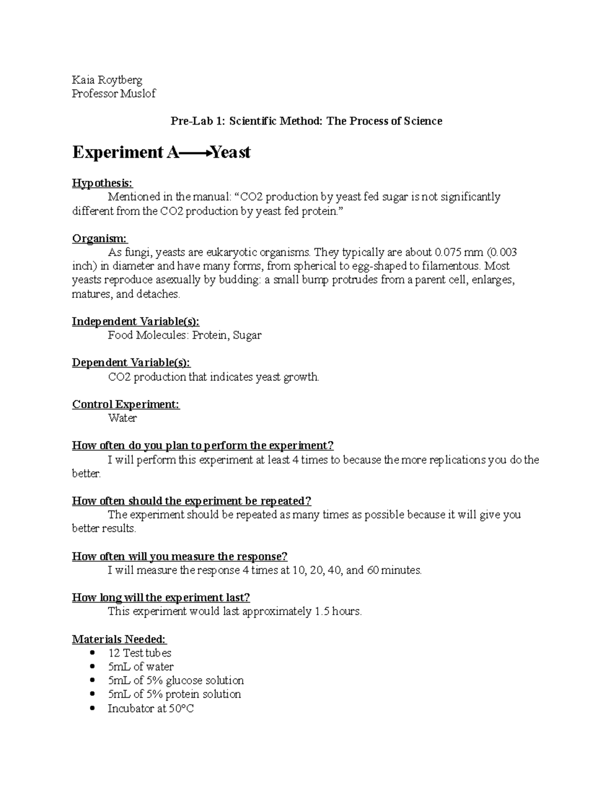 Pre-Lab 1 Biology 1001 - Kaia Roytberg Professor Muslof Pre-Lab 1 ...