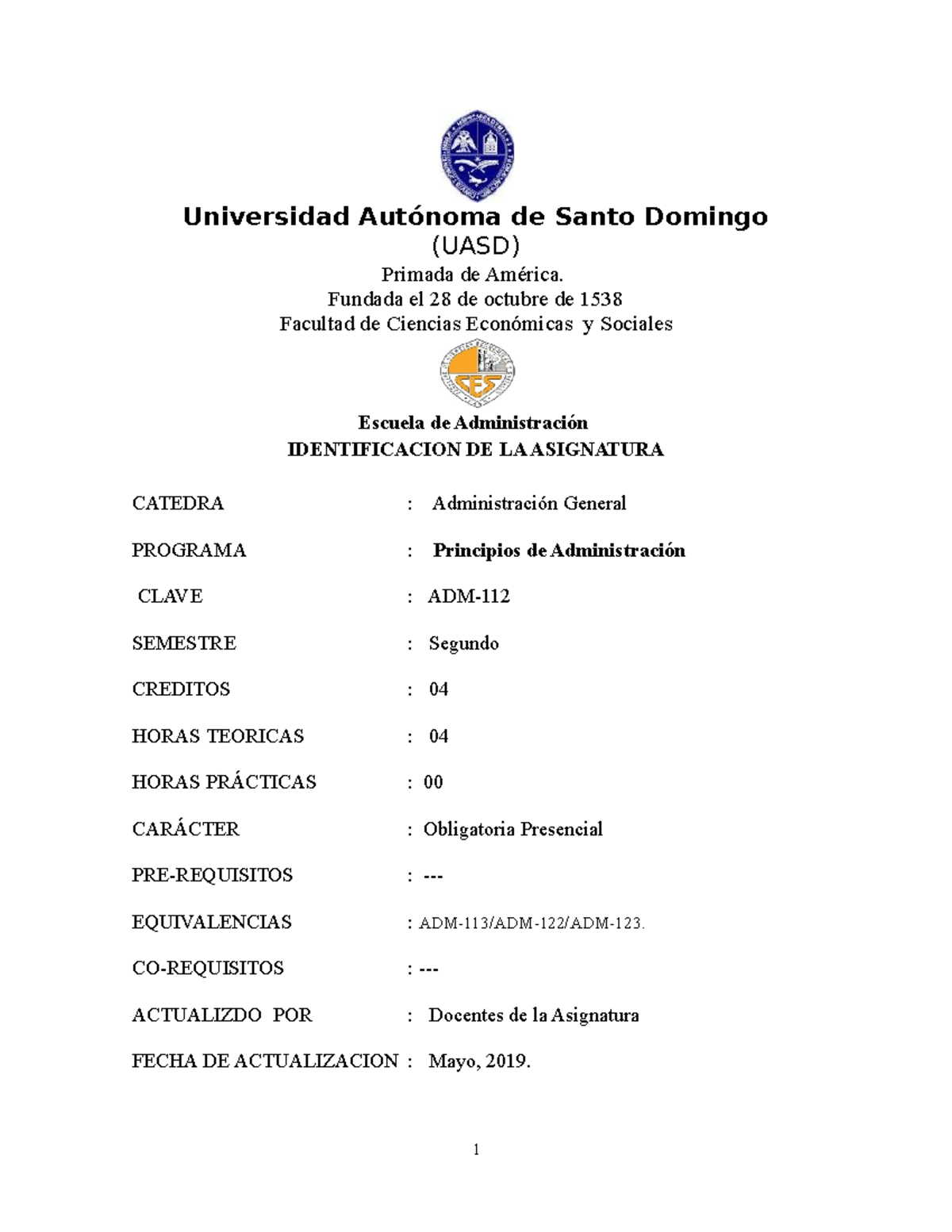 ADM-112 Programa de Principios de Administración - Universidad Autónoma de Santo Domingo (UASD ...