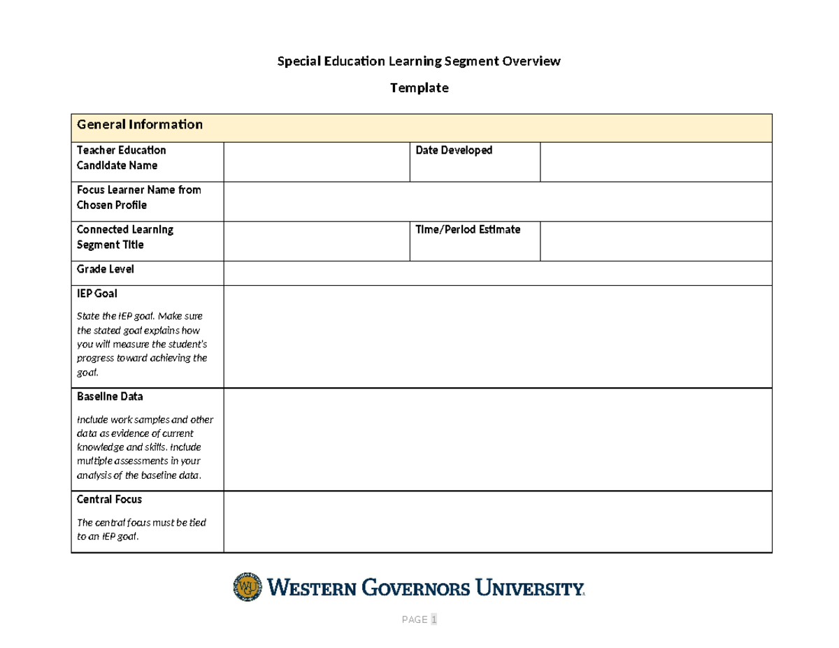 Special Education Learning Segment Overview Template - Special ...