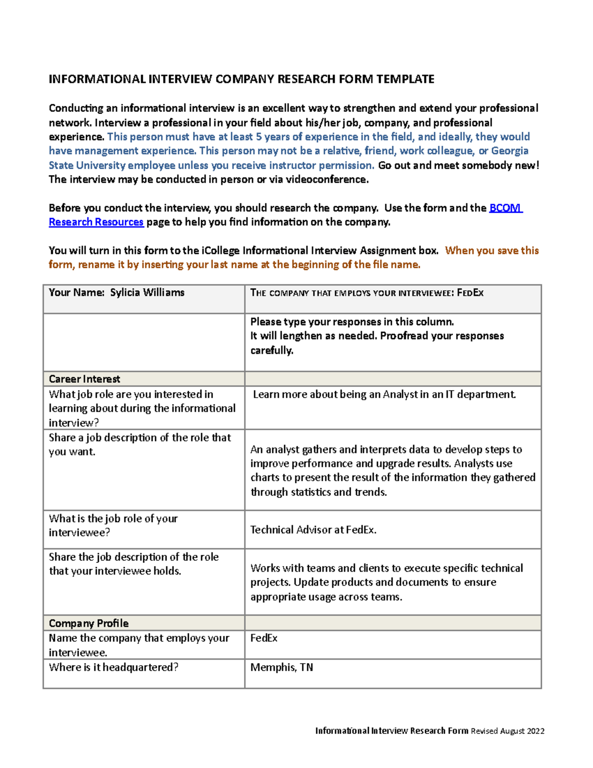 Williams Informational Interview Research Form 2 - INFORMATIONAL ...