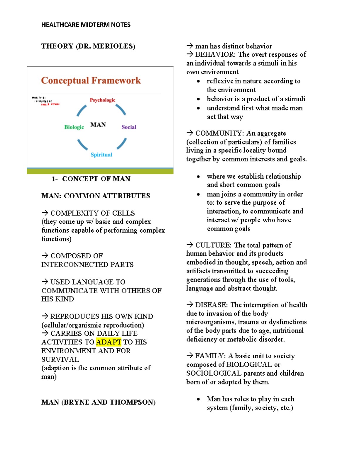 Health Care Theory Notes - THEORY (DR. MERIOLES) 1- CONCEPT OF MAN MAN ...