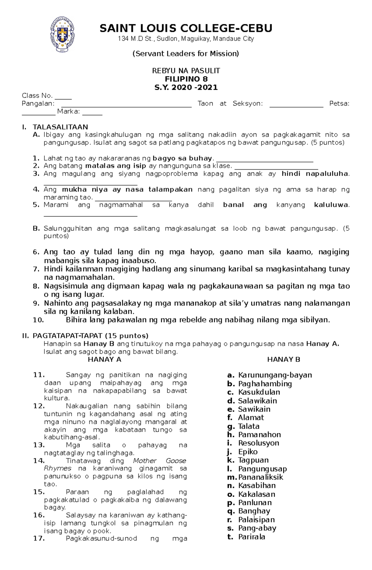 Rebyu - Filipino reviewer - SAINT LOUIS COLLEGE-CEBU 134 M St., Sudlon ...