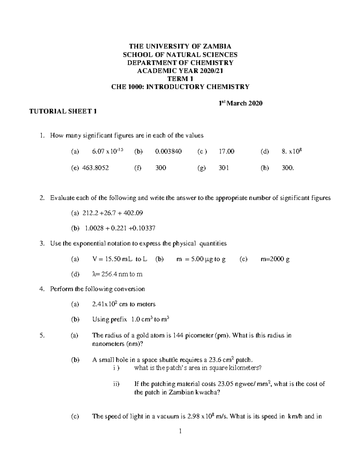 CHE 1000 Tutorial Sheet 1 2020 ACAD YEAR - Introduction to mathematics ...