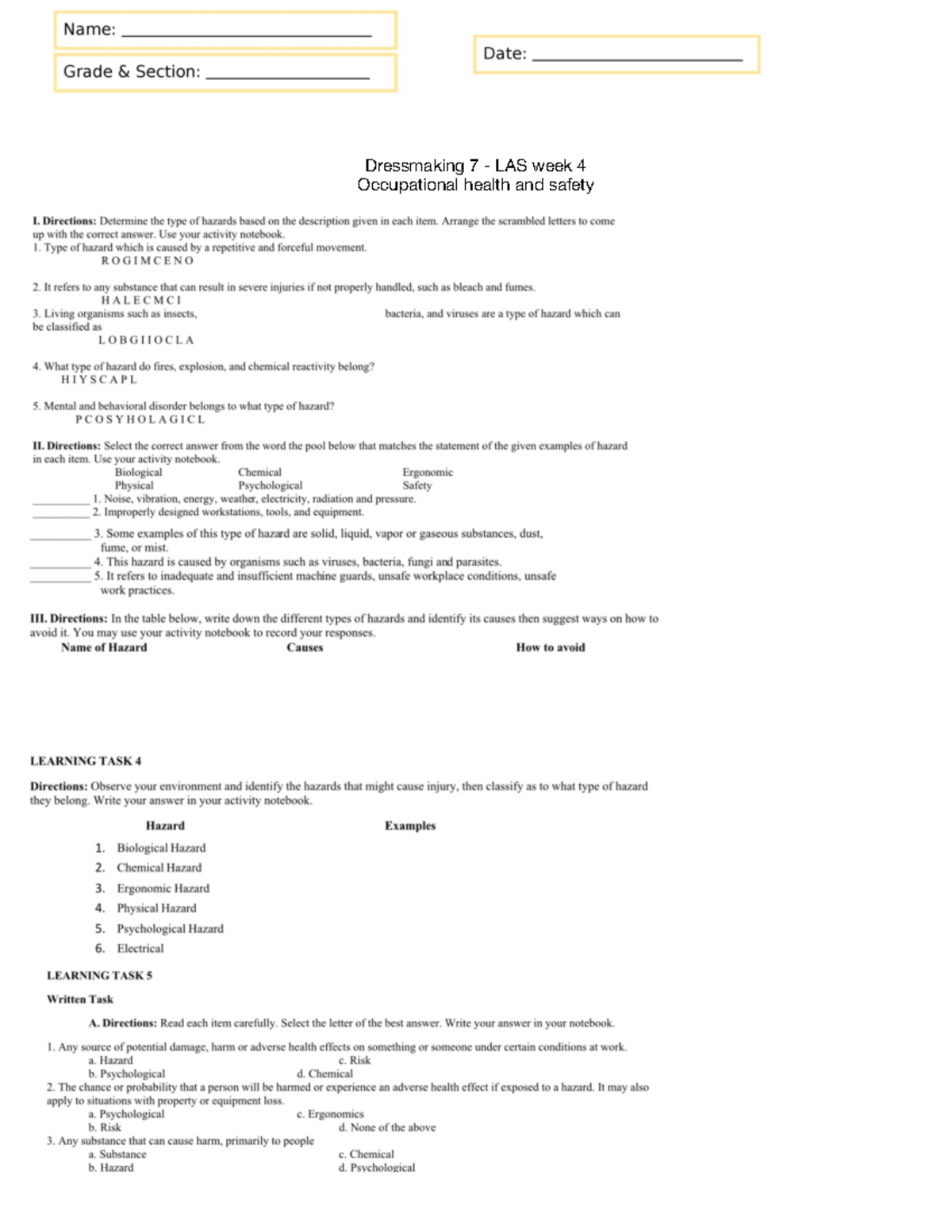 Dressmaking 7 hazard and risks- LAS - Batchelor of Elementary Education ...