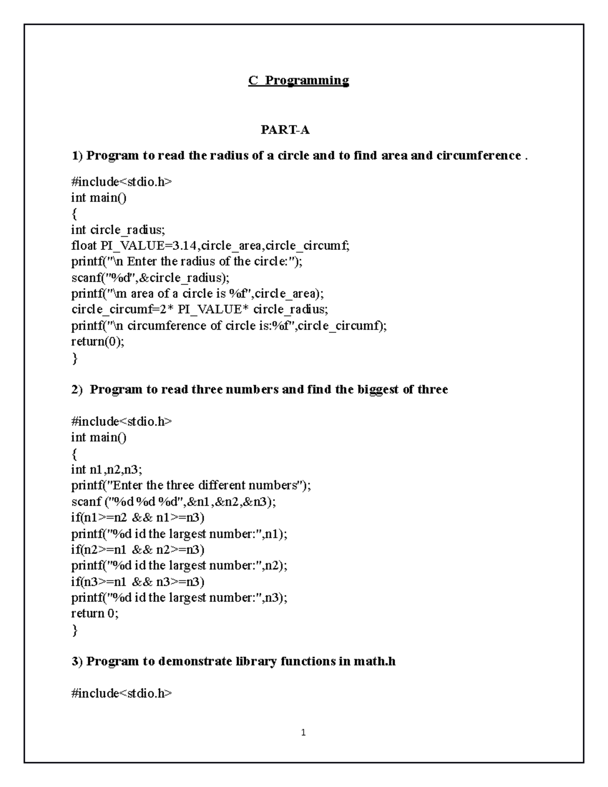 C Maual Lab Manual As Per New Ne P Syllabus C Programming Part A Program To Read The