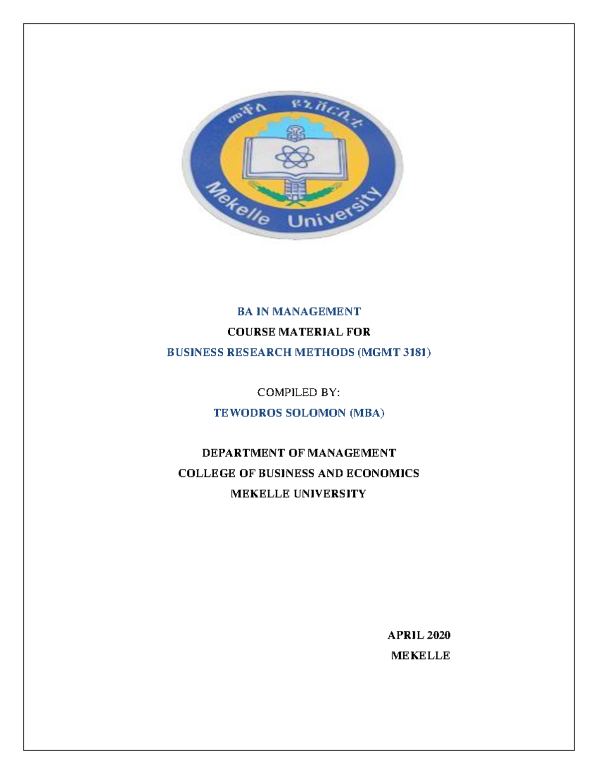 Business Research Methods Module - BA IN MANAGEMENT COURSE MATERIAL FOR ...