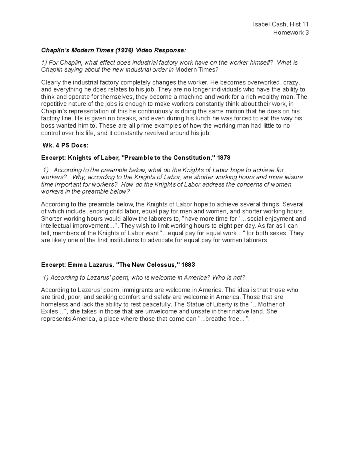 Homework 3, Primary Source Analysis - Isabel Cash, Hist 11 Homework 3 Chaplin’s Modern Times ...