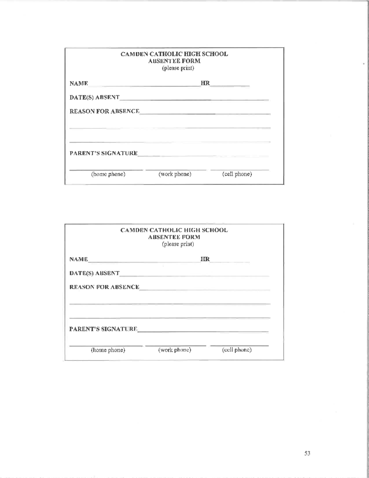 Absentee Note - ankck - CAMDEN CATHOLIC HIGH SCHOOL ABSENTEE FORM ...