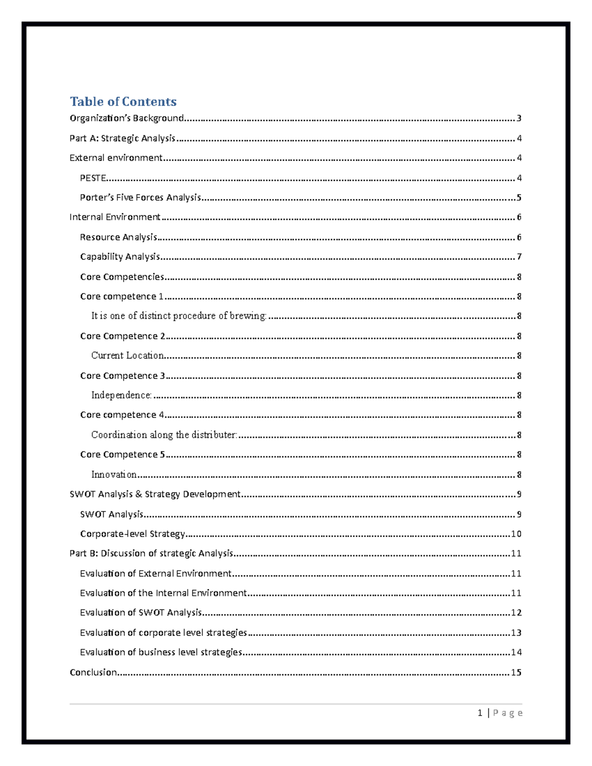 BVB Strategic Analysis - Table of Contents Organization’s - Studocu