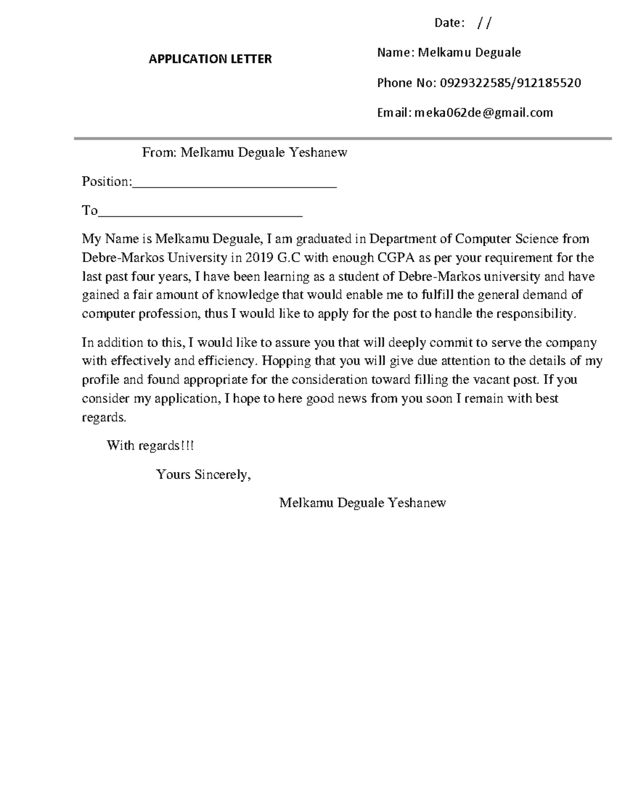 Melkamu Cv - I have B.Sc. degree in computer science - APPLICATION ...