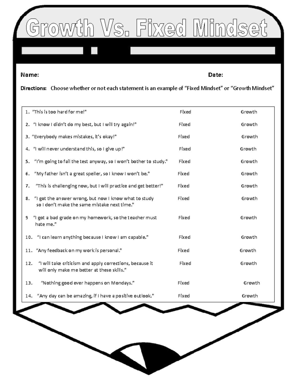 Growth vs. Fixed Mindset Worksheet - Name: Date: Directions: Choose ...