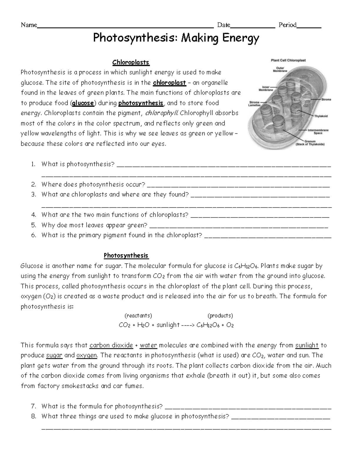 Photosynthesis Activity- Sheets - Name