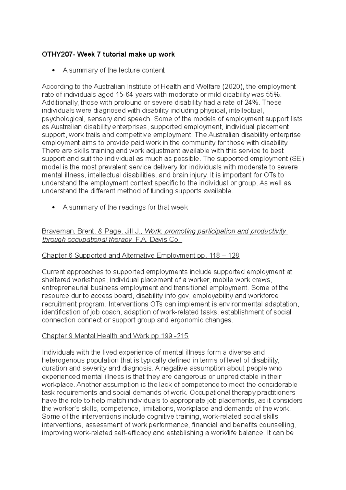 OTHY207 Week 7 Make up work - OTHY207- Week 7 tutorial make up work A ...