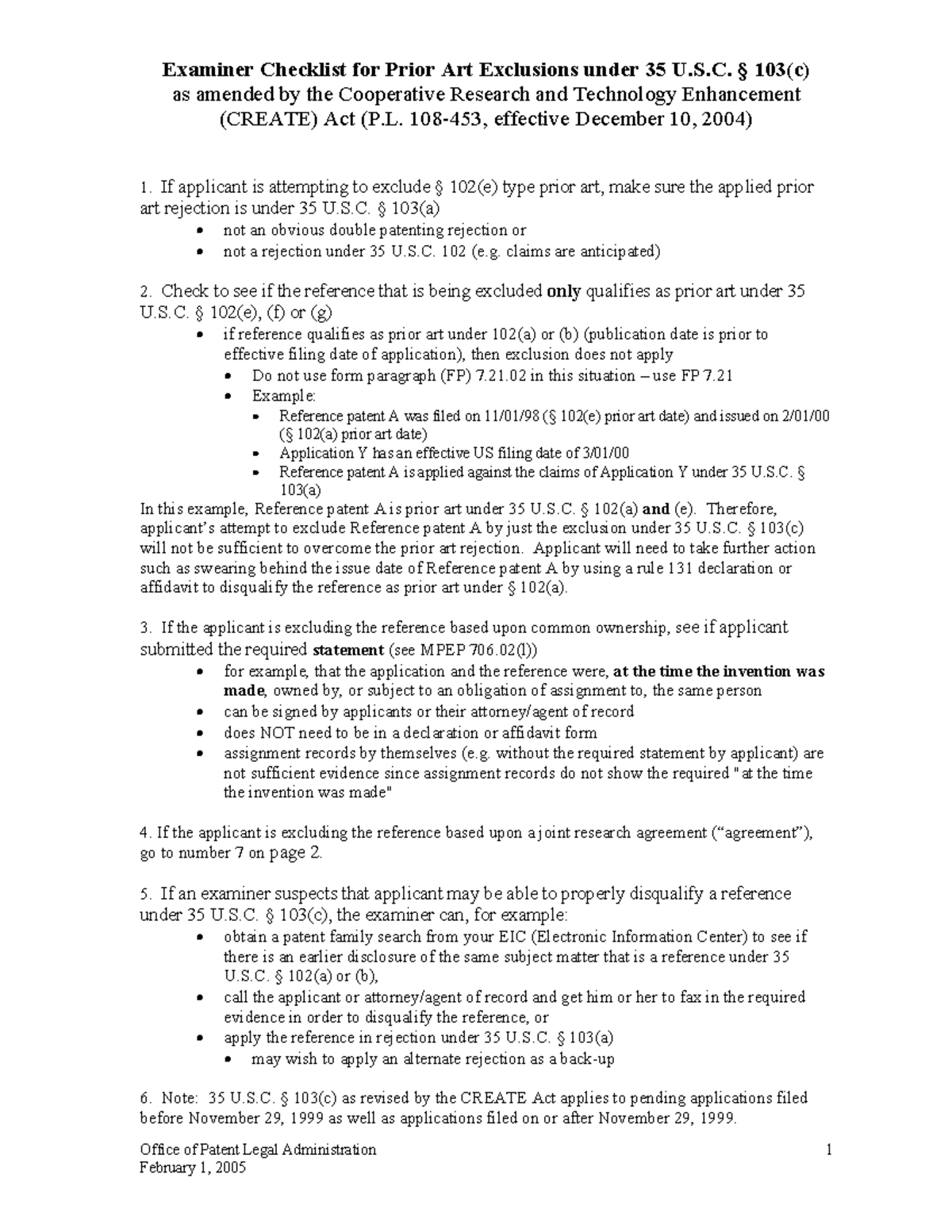 Exception under 103 - PTO - Examiner Checklist for Prior Art Exclusions ...