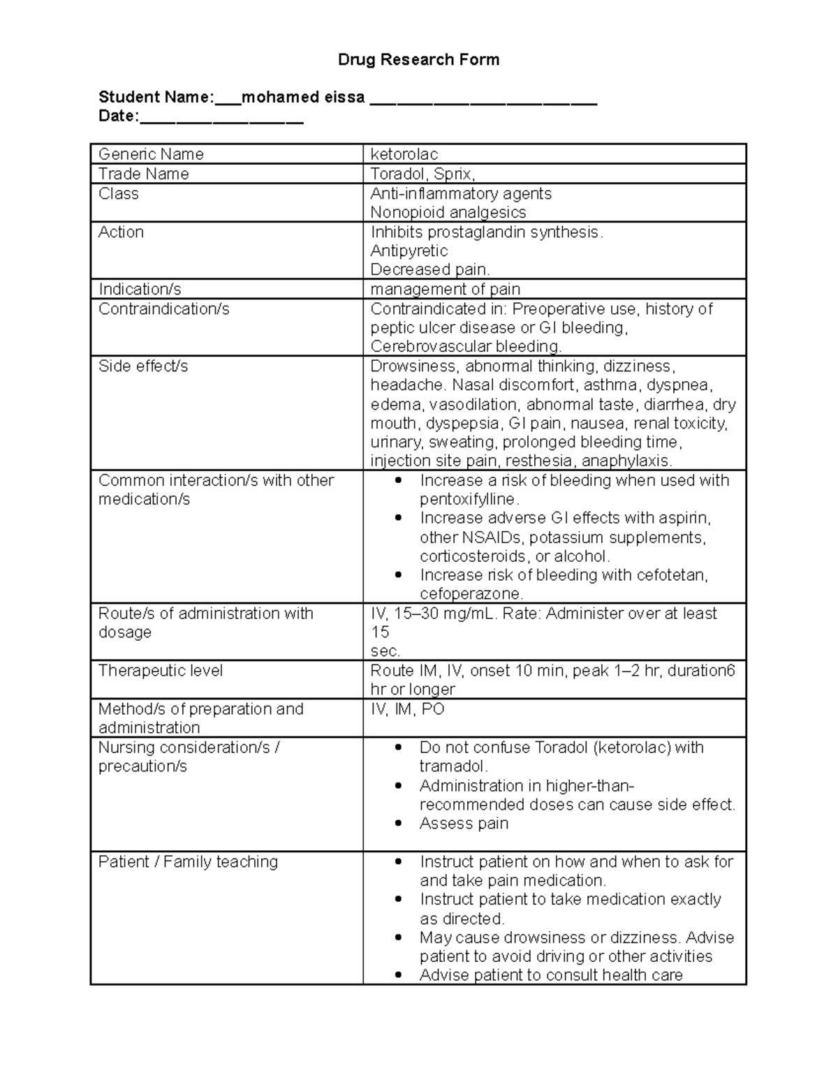 Ketorolac - jmnjmnkn - Drug Research Form Student Name:mohamed eissa