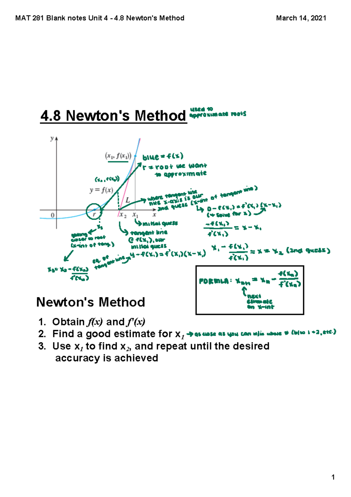 4.8 Newton's Method - Prof. Robelen - MAT 281 Blank notes Unit 4 ­ 4 ...